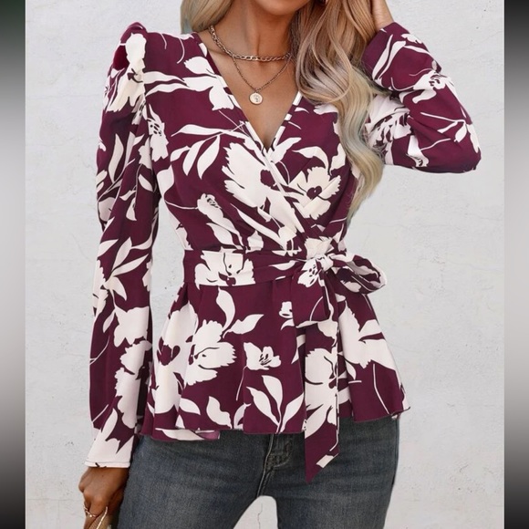 Accessories | Boho Burgundy Floral Print Belted Blouse | Poshmark